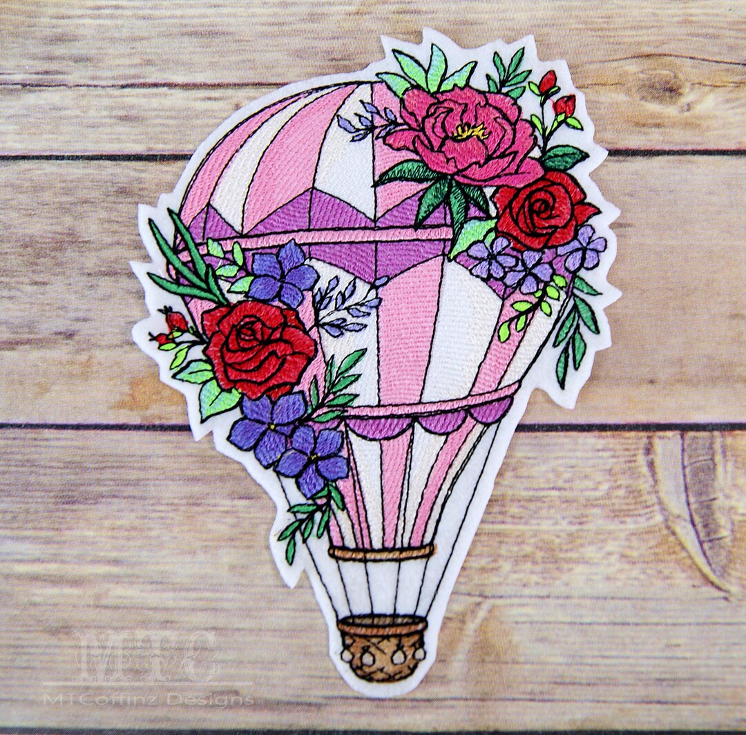 Pink Purple Floral Hot Air Balloon Iron on Embroidery Patch Mtcoffinz ...