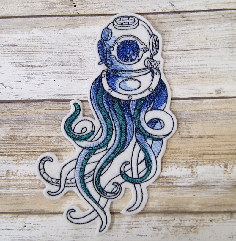 Deep Blue Octopus Diving Bell Iron on Embroidery Patch - Etsy