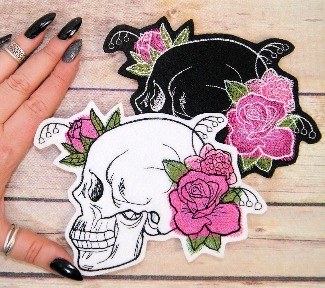 Human Skull Flowers Gothic Dire Blooms Iron on Embroidery Patch ...