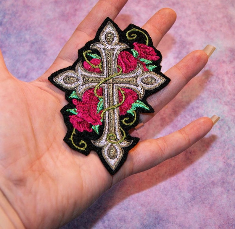 Gothic Cross Roses Vines Iron on Embroidery Patch Mtcoffinz - Etsy ...
