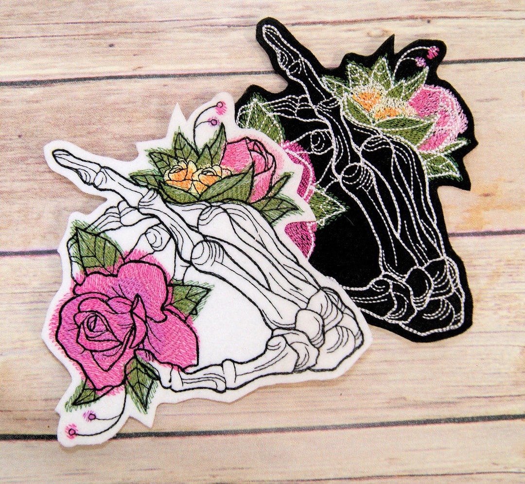 Skeleton Hand Flowers Gothic Dire Blooms Iron on Embroidery Patch ...