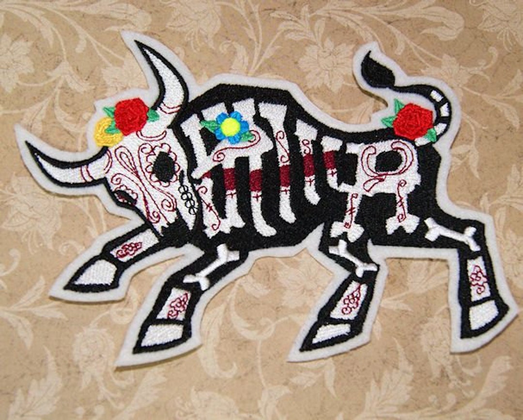 Gothic Bull Skeleton Day of the Dead Iron on Embroidery Patch Mtcoffinz ...