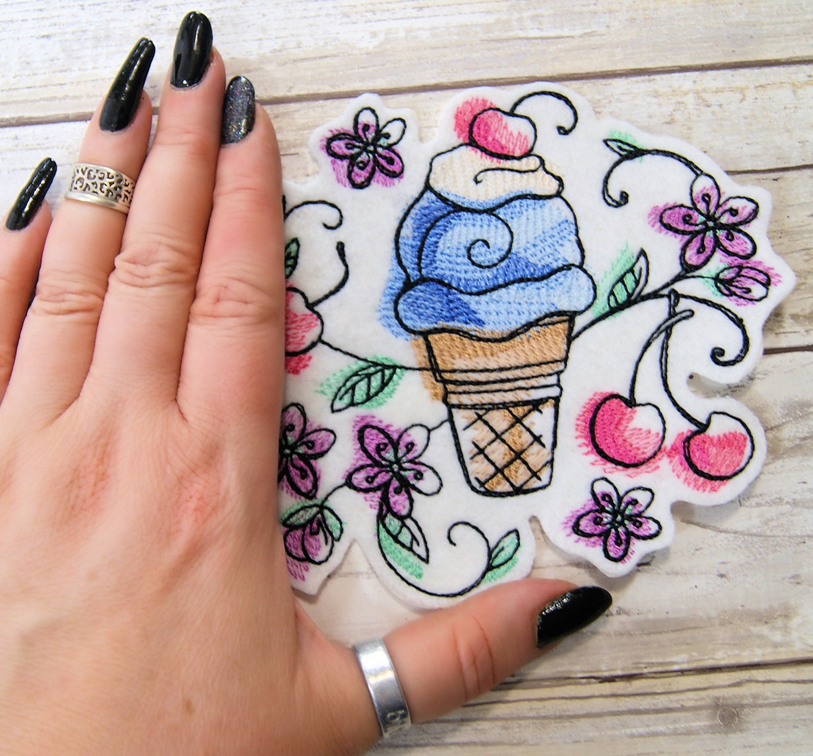 Blue Cherry Ice Cream Floral Cone Iron on Embroidery Patch | Etsy