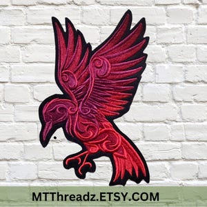 Raven Patch Red Raven Baroque Swirls Iron on Embroidery Patch - Choose ...
