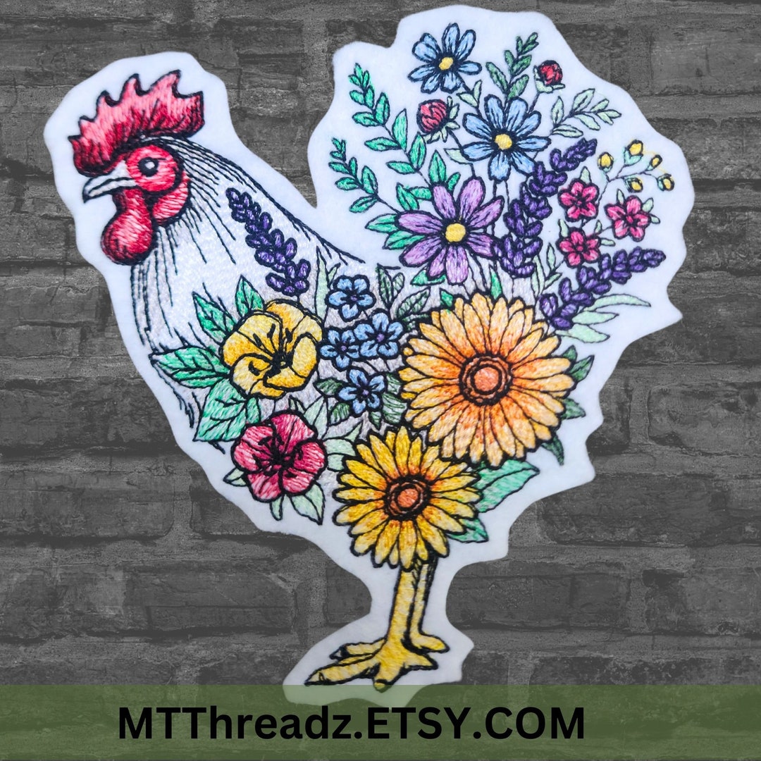 Floral Rooster Patch Blooming Rooster Iron on Flower Rooster Homestead Patch Embroidery Patch ...