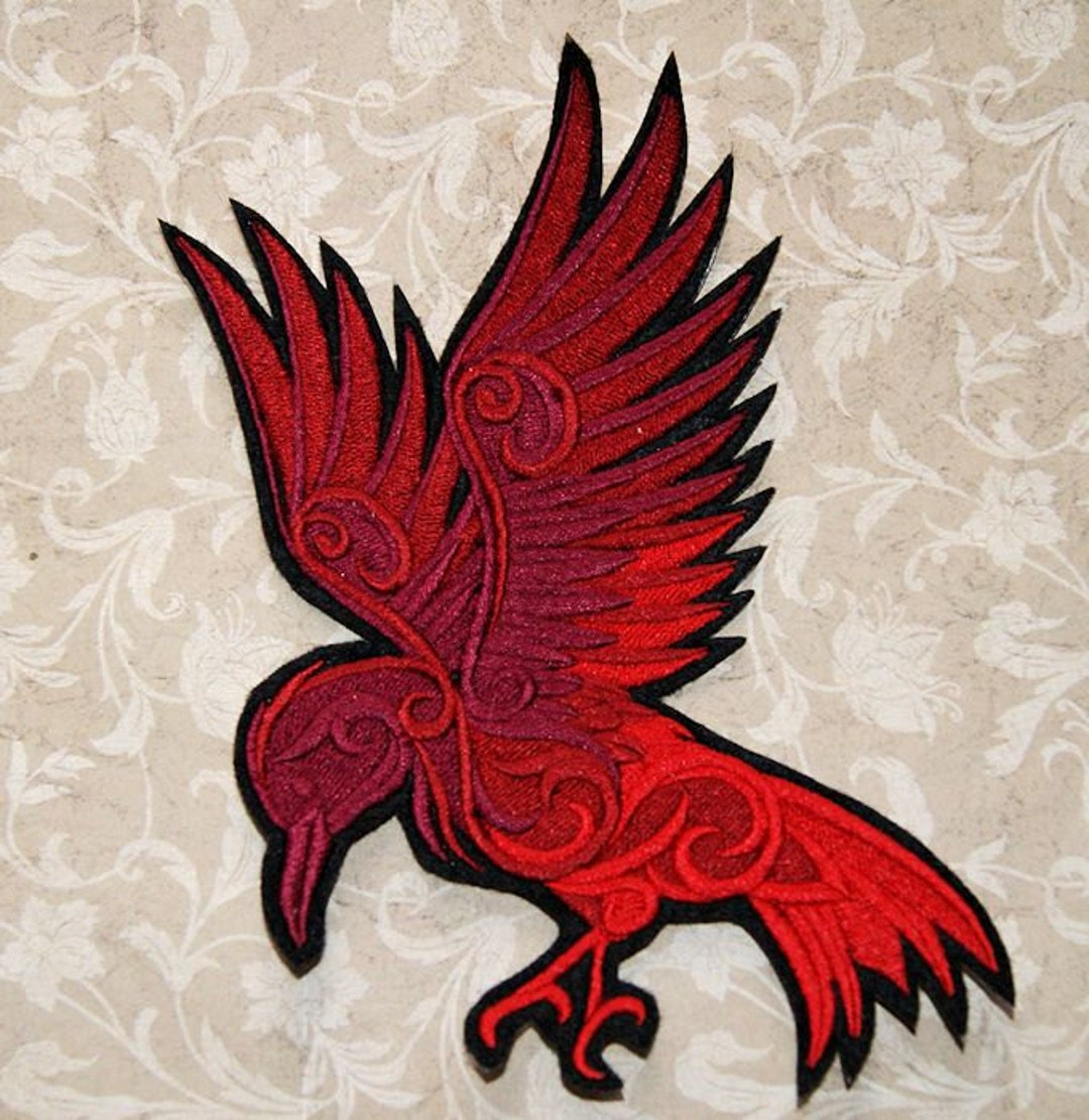 Raven Patch Red Raven Baroque Swirls Iron on Embroidery Patch - Choose ...