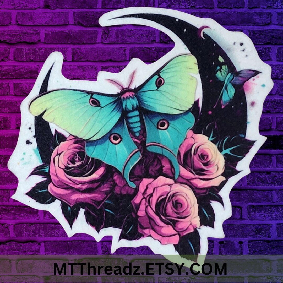 Luna Moth Patch Black Crescent Moon Iron on Fabric Patch Red Rose ...