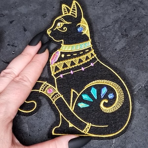Pharaoh Cat Patch Bejeweled Egyptian Bastet Cat Gold Iron on Embroidery Patch Embroidered Patch ...