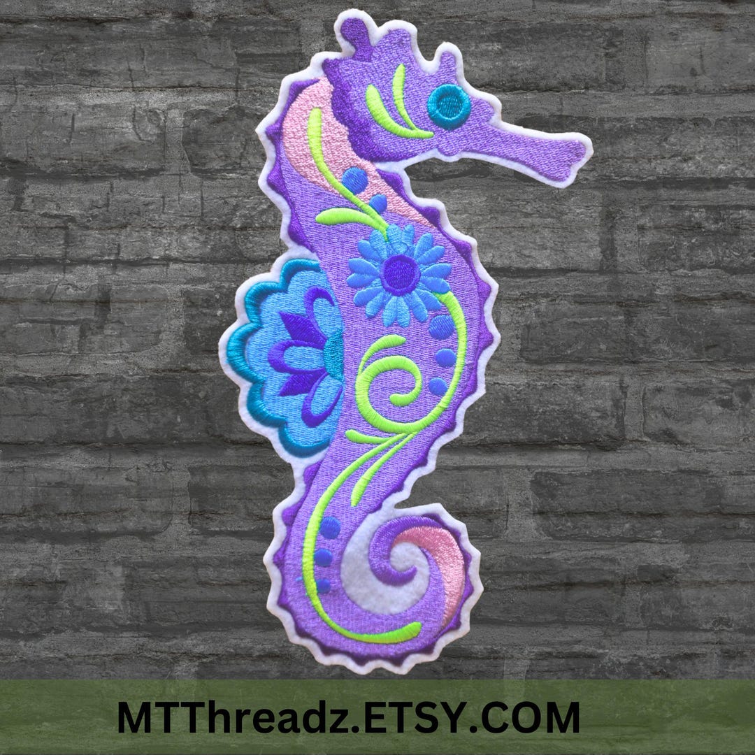 Seahorse Patch Flower Power Purple Seahorse Floral Sea Horse - Iron on ...
