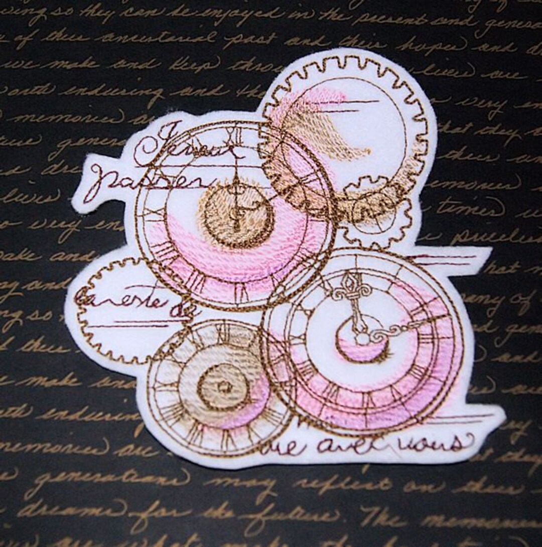 Pink and Brown Parisian Clocks and Gears Iron on Embroidery Patch ...