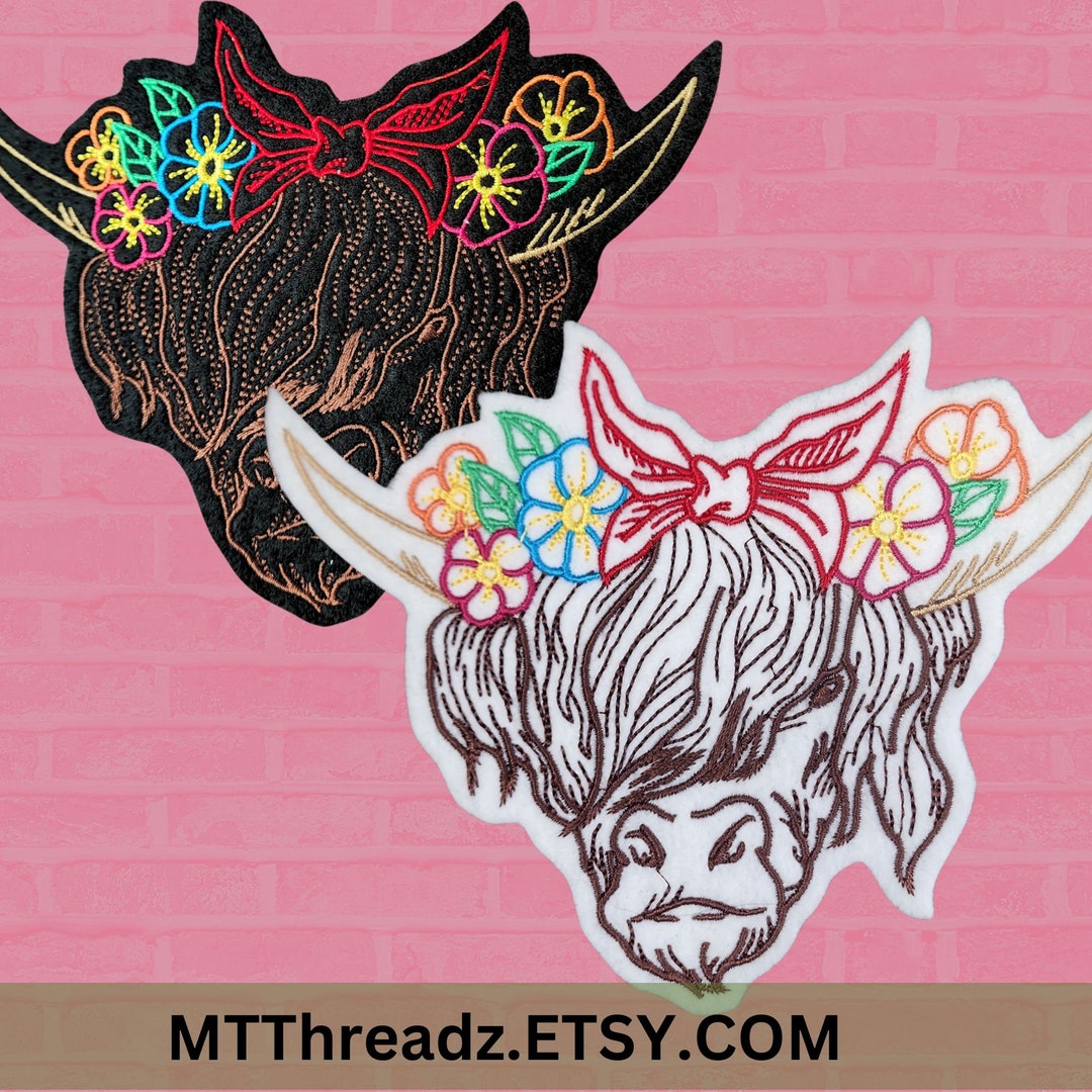 Highland Cow Patch Floral Wreath Cow Patch Cute Fluffy Cow Embroidered ...