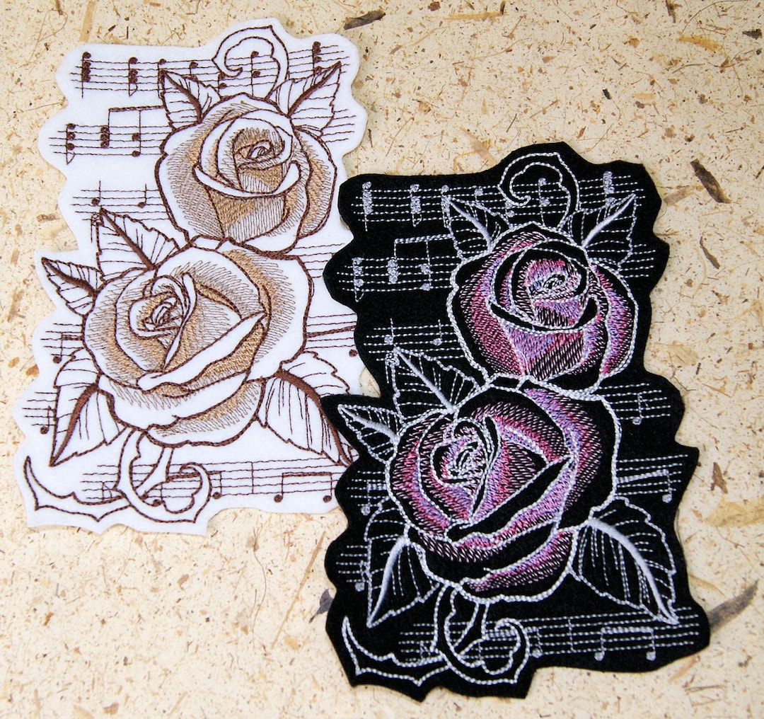 Roses and Notes Beautiful Music - Iron on Embroidery Patch Mtcoffinz ...