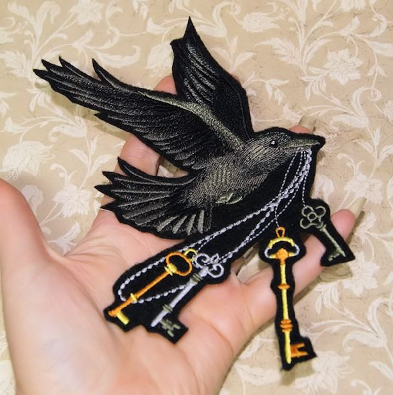 Raven Patch Steampunk Black Raven With Brass Skeleton Keys Flying ...