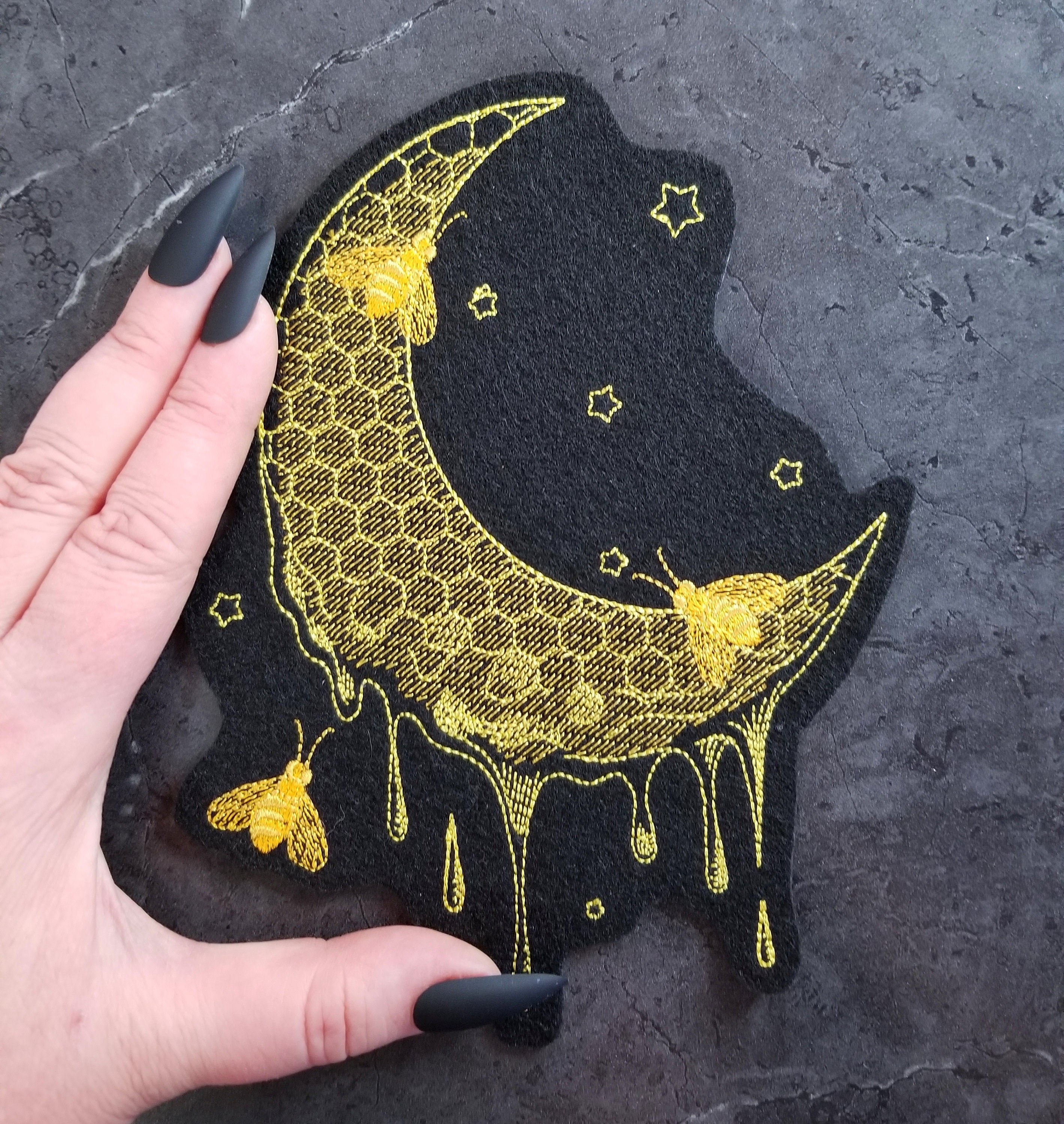 Gold Crescent Moon Honey Bee Pollen Honeycomb Iron on Embroidery Patch ...