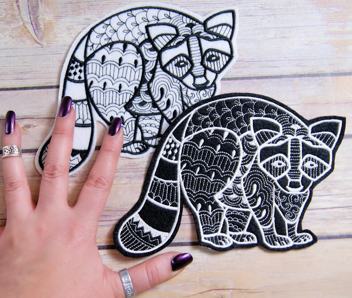 Raccoon Black White Iron on Embroidery Patch Mtcoffinz | Etsy