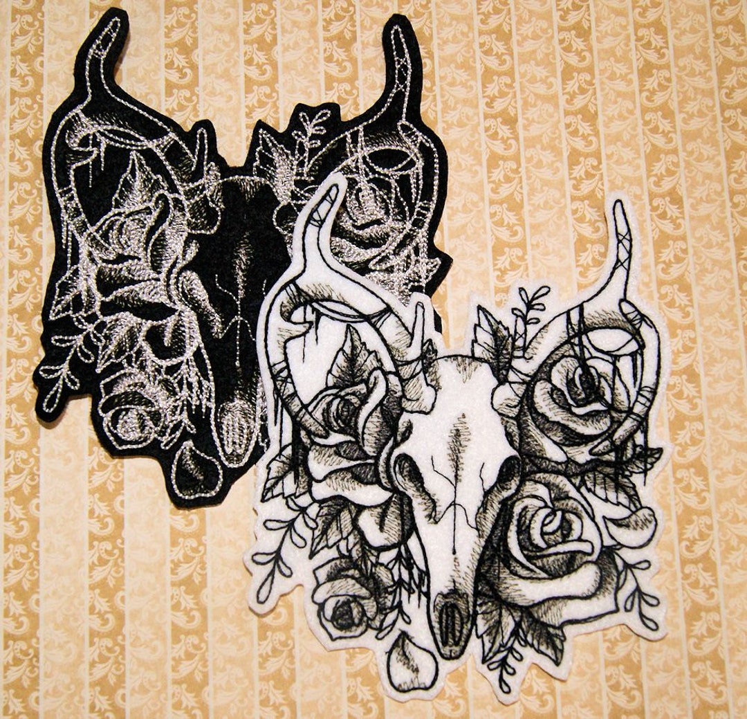 Deer Skull and Roses Black White Iron on Embroidery Patch Mtcoffinz ...