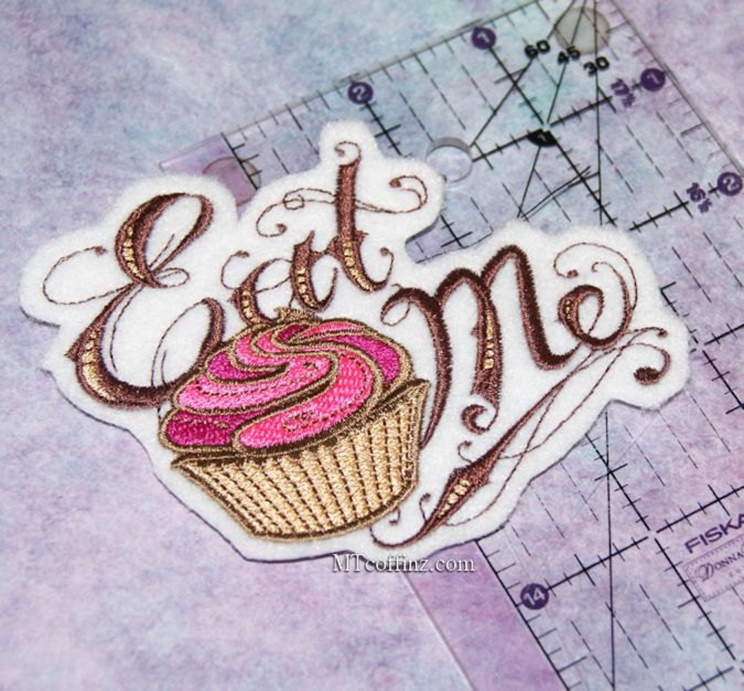 Eat Me Alice in Wonderland Pink Cupcake Iron on Embroidery Patch ...