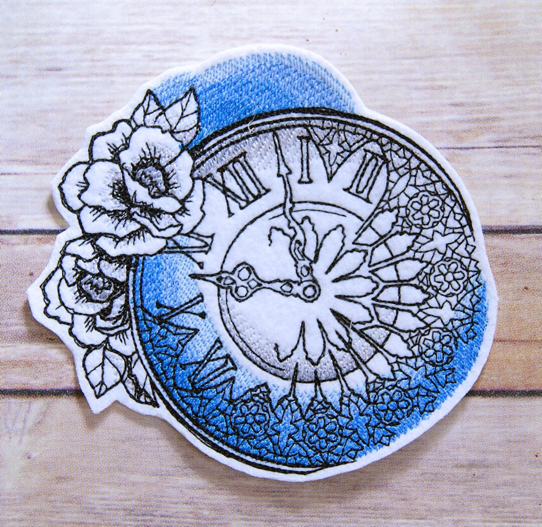 Victorian Clock and Roses Phantasm Blue Iron on Embroidery Patch ...