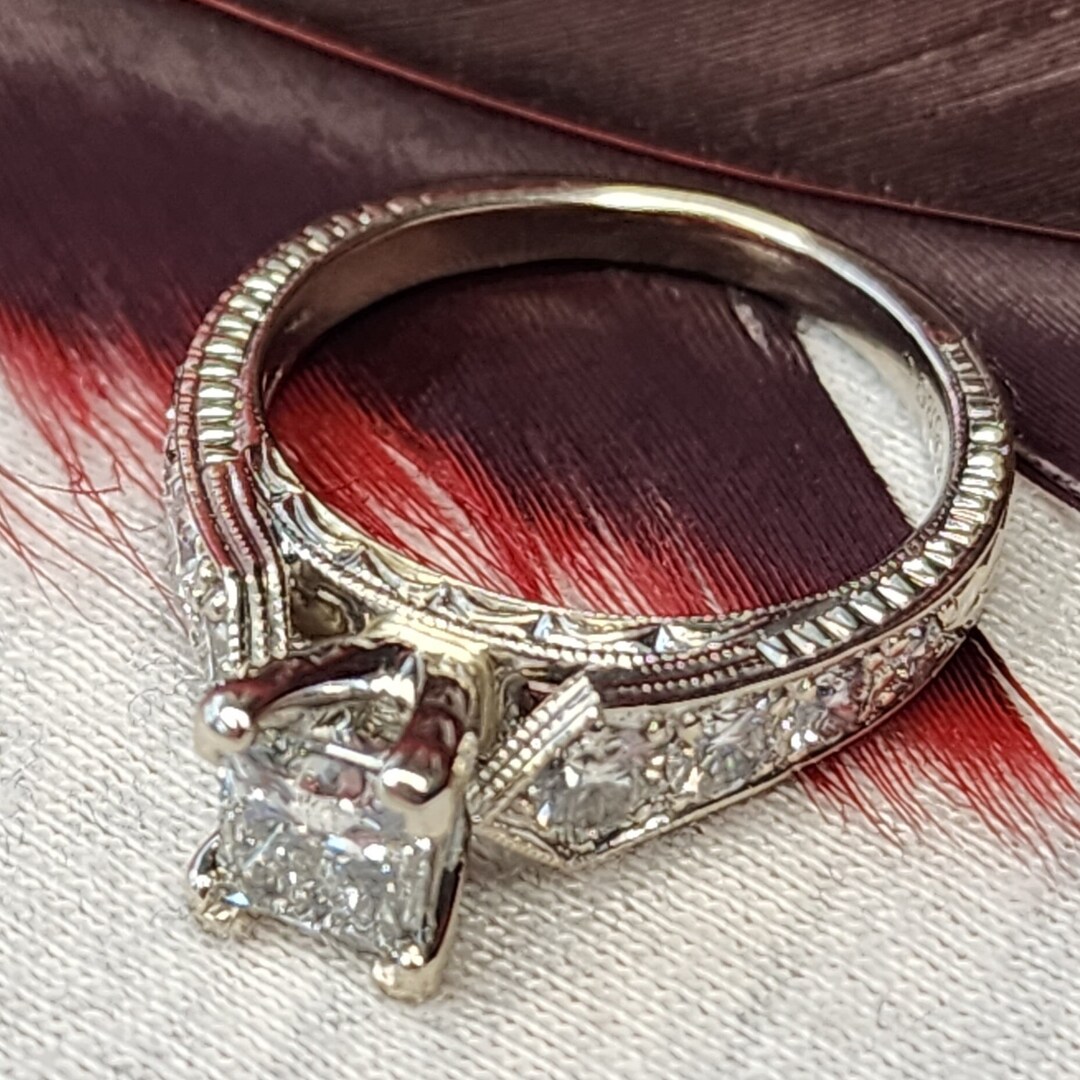 14K White Gold Princess Cut Center and Round Melee Diamond Ring 1.24 ...