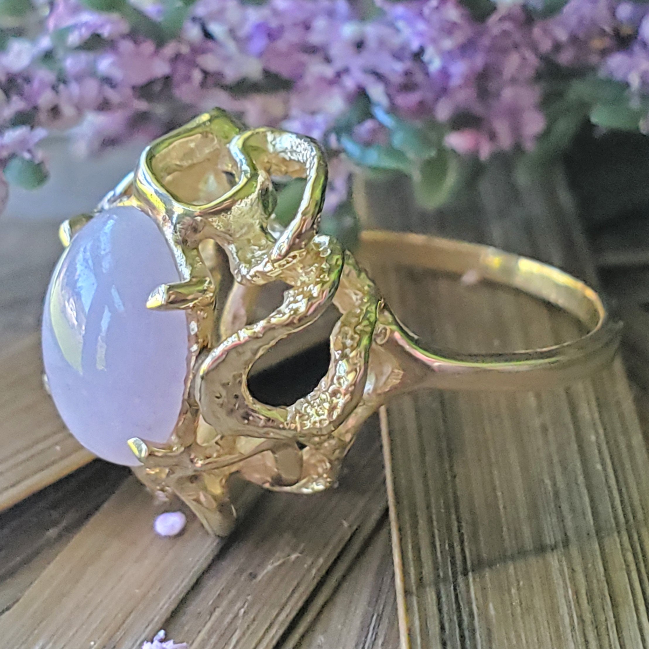 14K Gold Free Form Textured Ring with Oval Light Purple Stone | Etsy