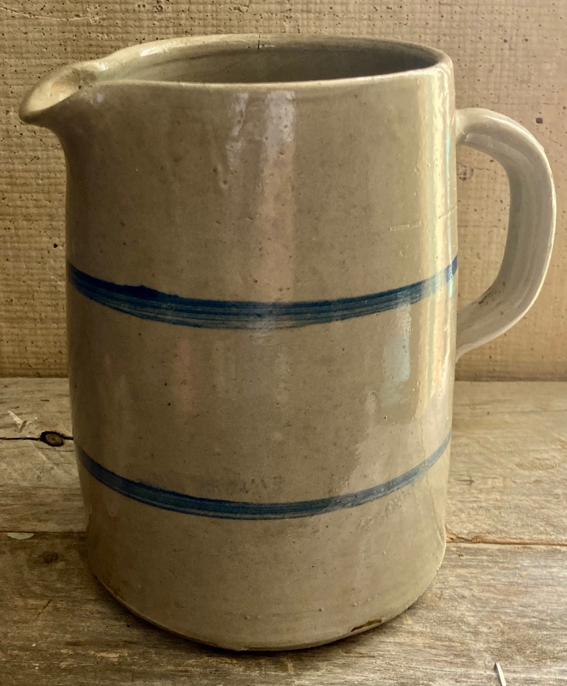 ANTIQUE STONEWARE PITCHER / Gray With Blue Stripes / Farmhouse Decor ...