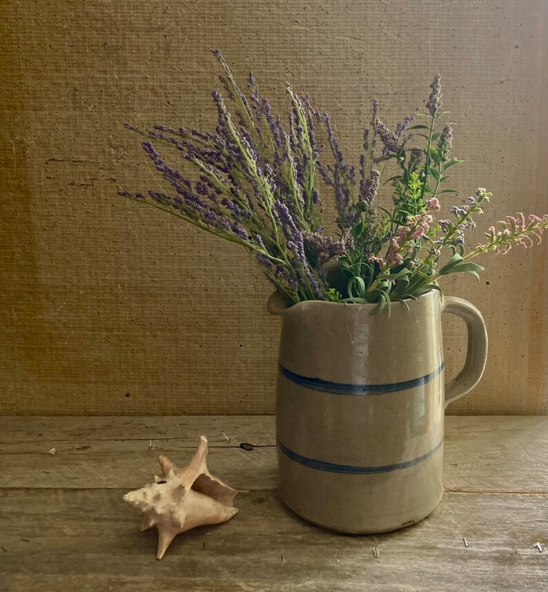 ANTIQUE STONEWARE PITCHER / Gray With Blue Stripes / Farmhouse Decor ...