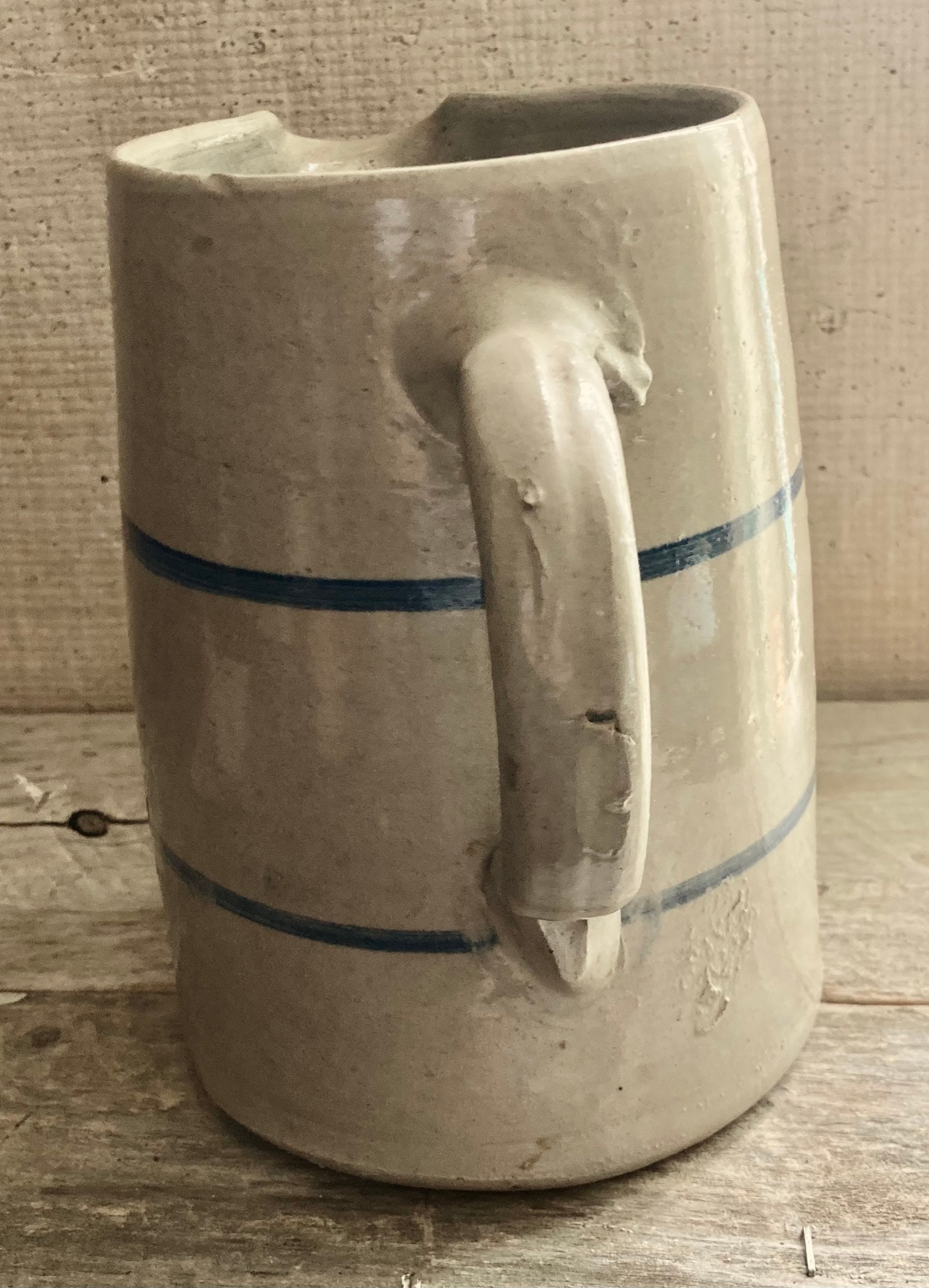 ANTIQUE STONEWARE PITCHER / Gray With Blue Stripes / Farmhouse Decor ...