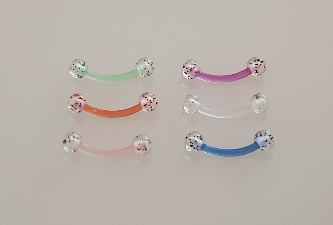 6 Piece SET 16G Gauge 8mm Curved Barbell Colorful Glitter Retainer Body ...