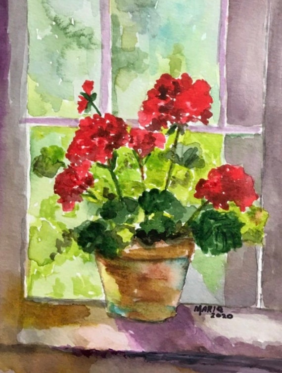 Still Life with Window and Flowers original watercolor Wall Hangings ...