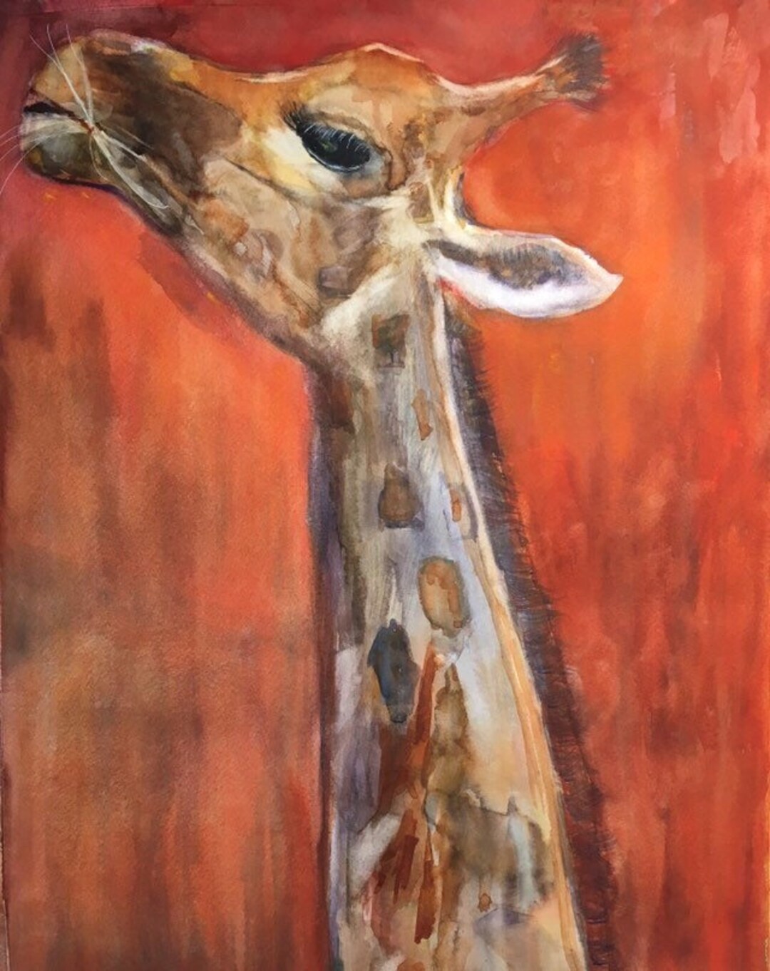 Giraffe Watercolor Painting Glued to Canvas, Waxed Original Hand ...
