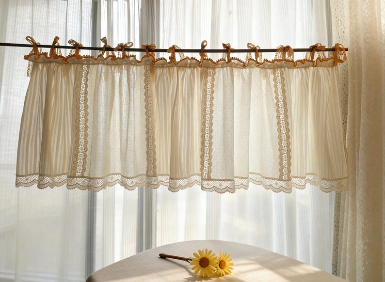 Unique Victorian Cottage Window Valance, Ruffled Lace Cotton Cafe ...