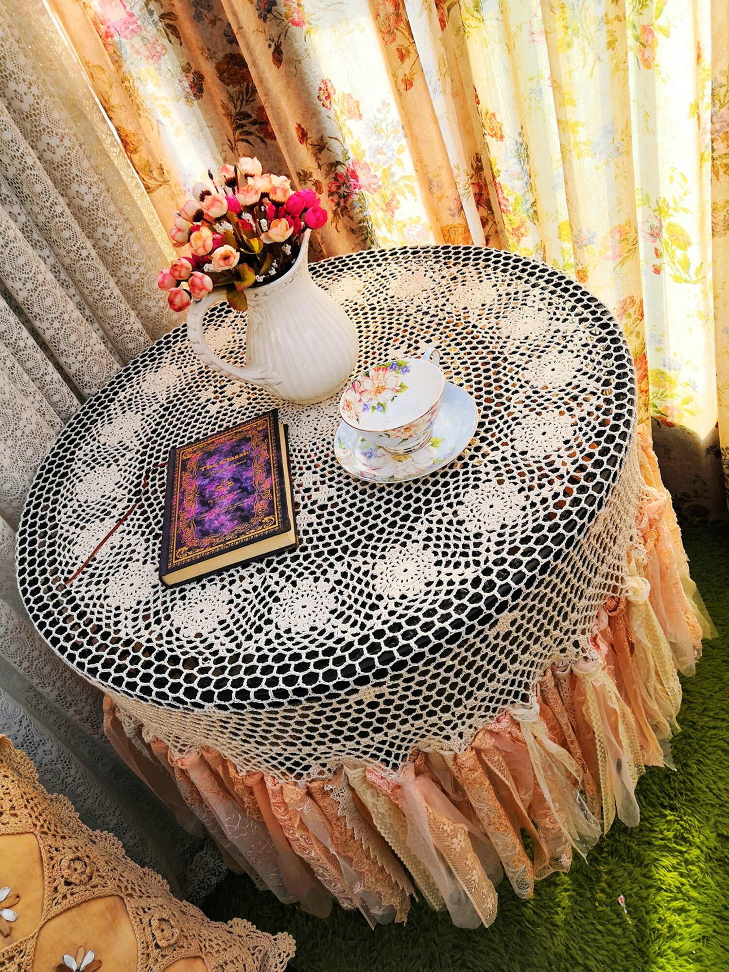 Shabby Chic Hand Crochet Lace Long Fringe Round Tablecloth, Boho ...