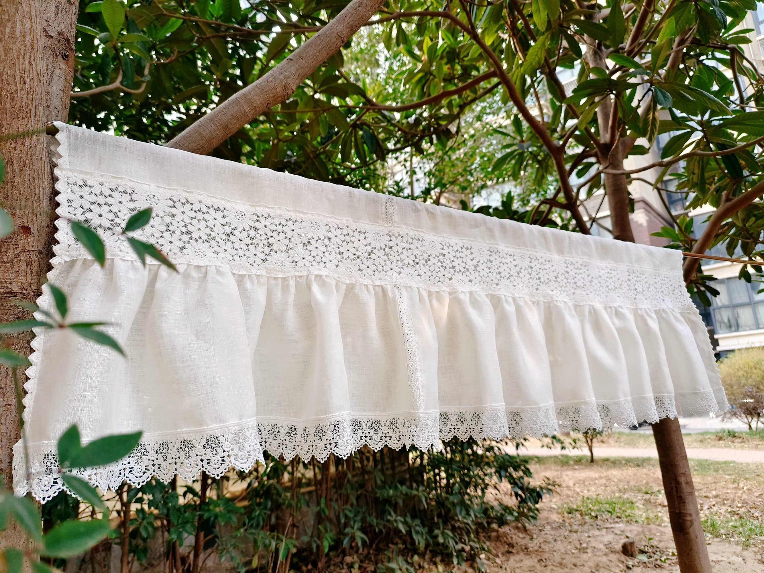 Victorian White Ruffled Linen Curtain Valance Window Topper Bottom Cafe ...