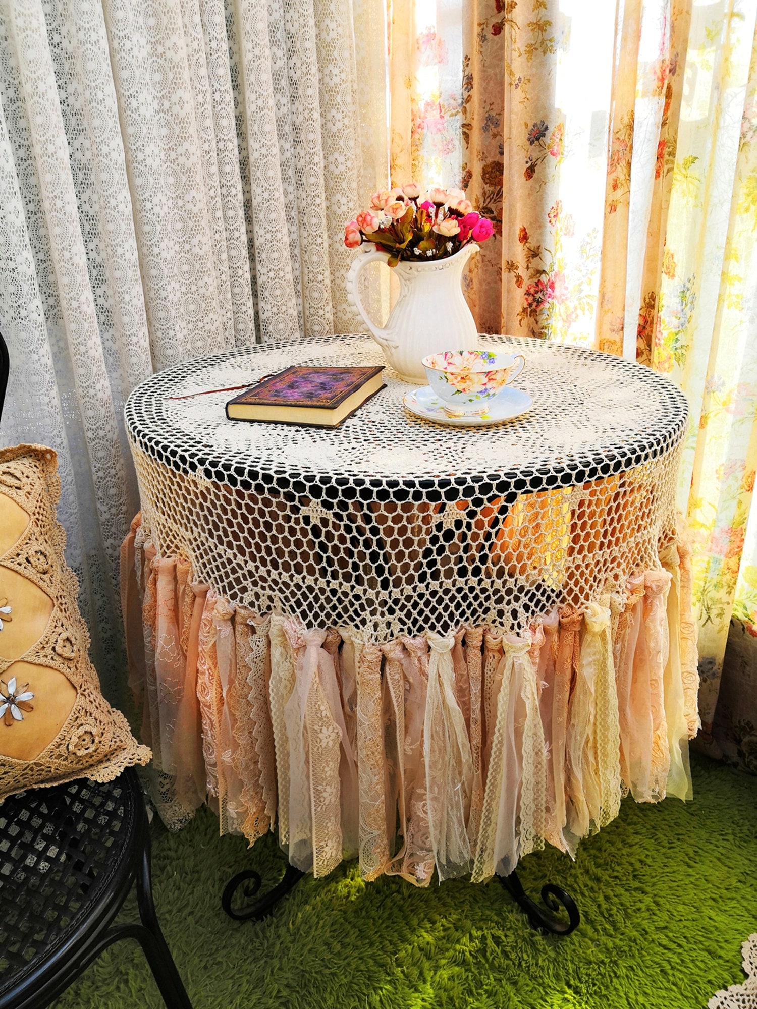 Shabby Chic Hand Crochet Lace Long Fringe Round Tablecloth, Boho ...