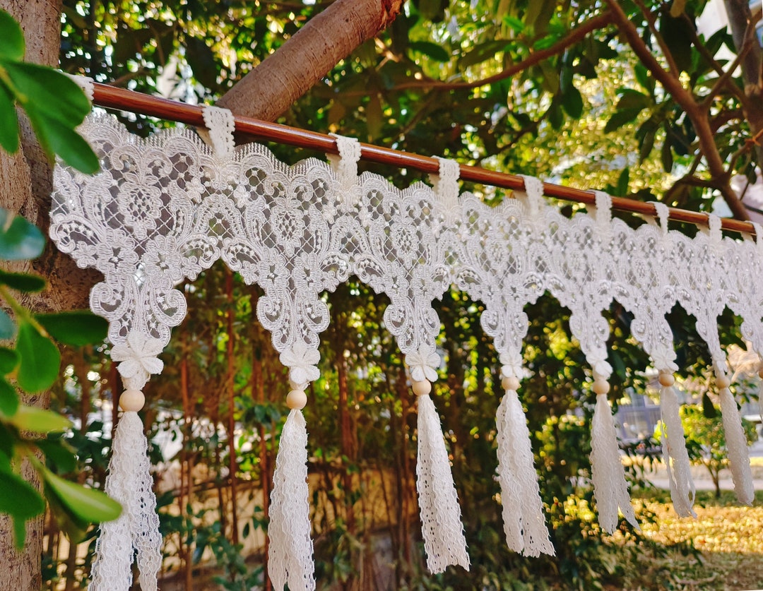 Victorian Shabby Chic Curtain Valance~tab Top Beaded Tasseled Lace ...