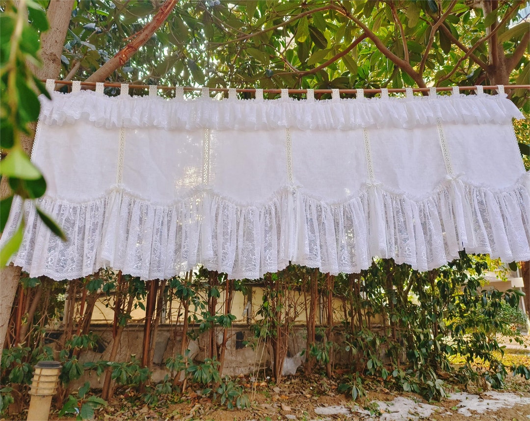 Victorian White Ruffled Lace Tab Top Valance, Scalloped Window Topper ...
