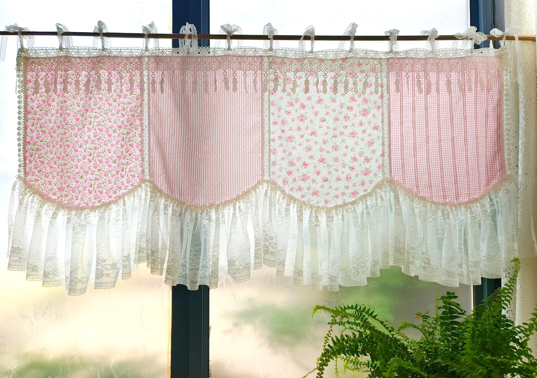 Victorian Lace Curtain Valance: Pink & White Patchwork, Tie Top - Etsy
