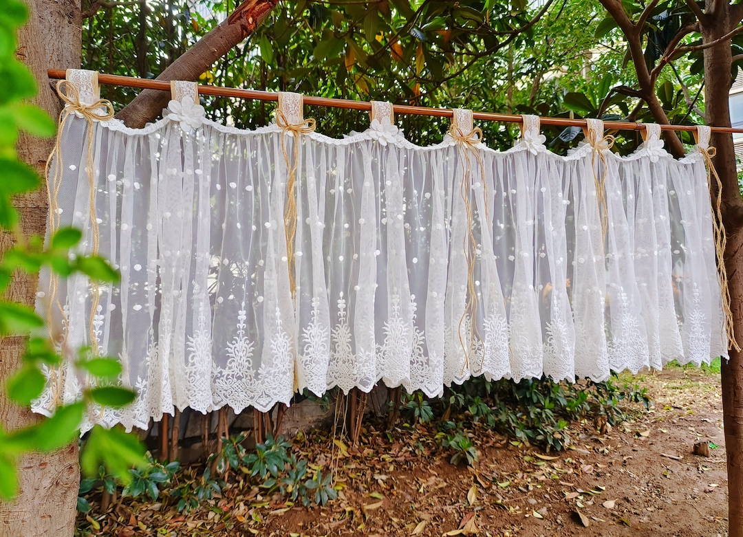 Shabby Chic Lace Curtain Valance: Ruffled White Tulle, Jute Tab Top - Etsy