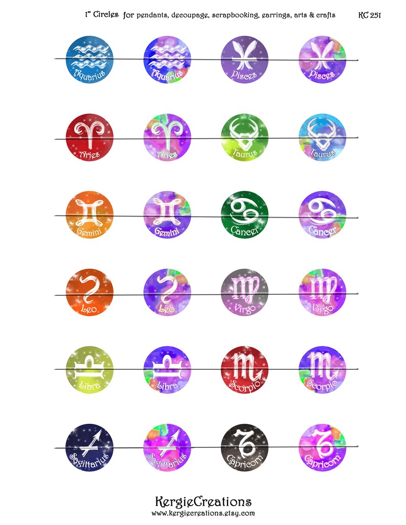 ZODIAC SIGNS Digital Collage Sheet 1 Inch Round Images for - Etsy