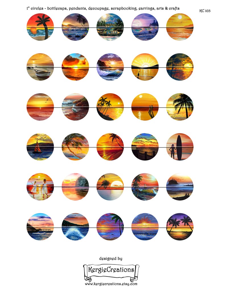 SUNSET BEACHES - Digital Collage Sheet 1 Inch Round Images for Bottle ...