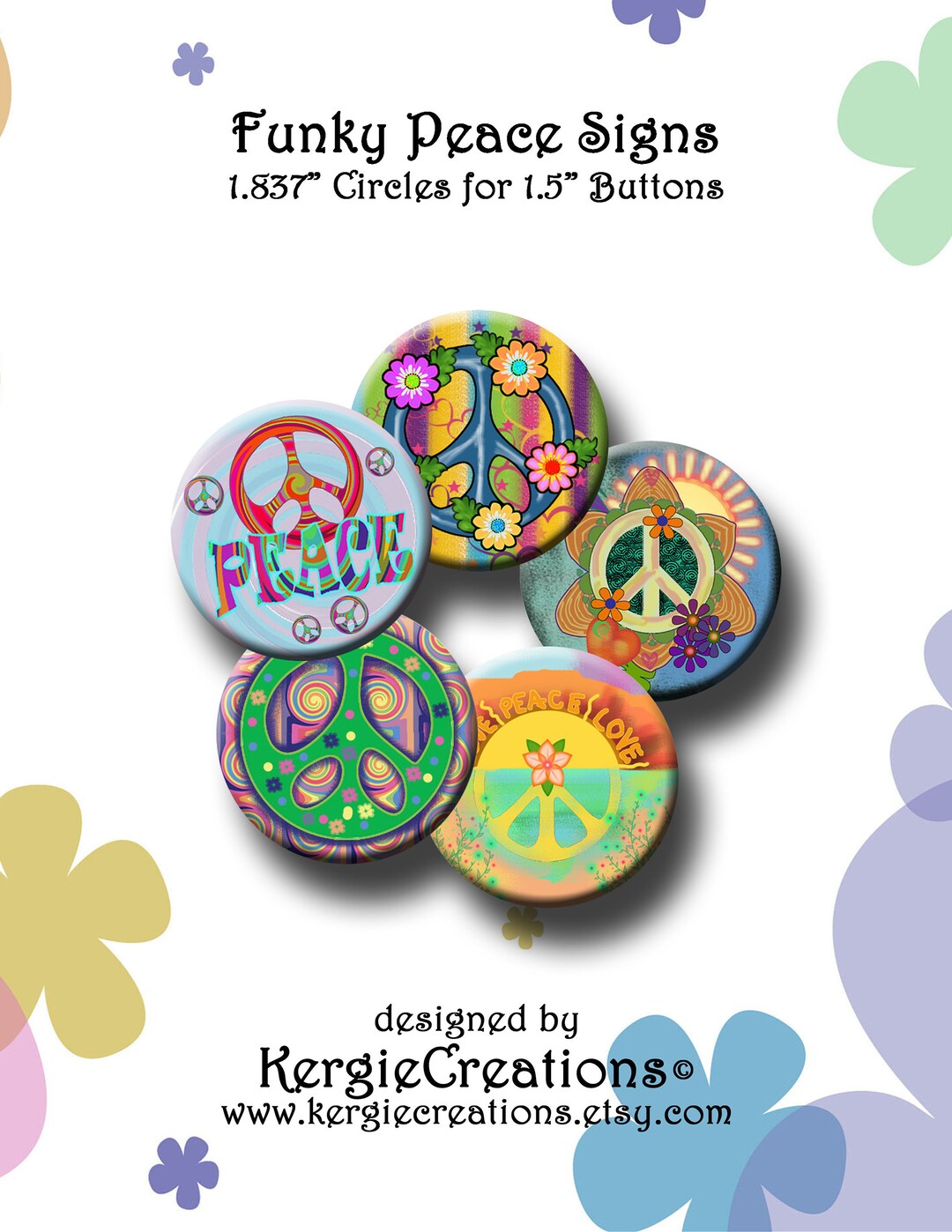 FUNKY PEACE SIGNS - Digital Collage Sheet - 1.837 Inch Circles for 1.5 ...