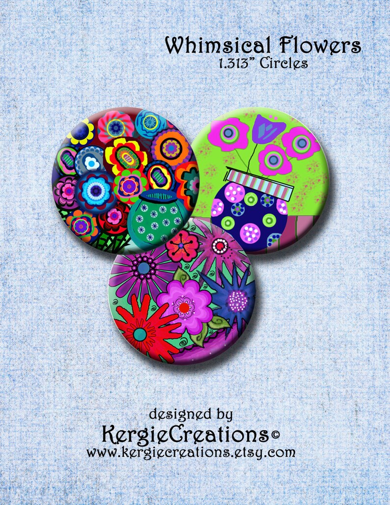 WHIMSICAL FLOWERS - Digital Collage Sheet 1.313 Inch Circles for 1 Inch ...