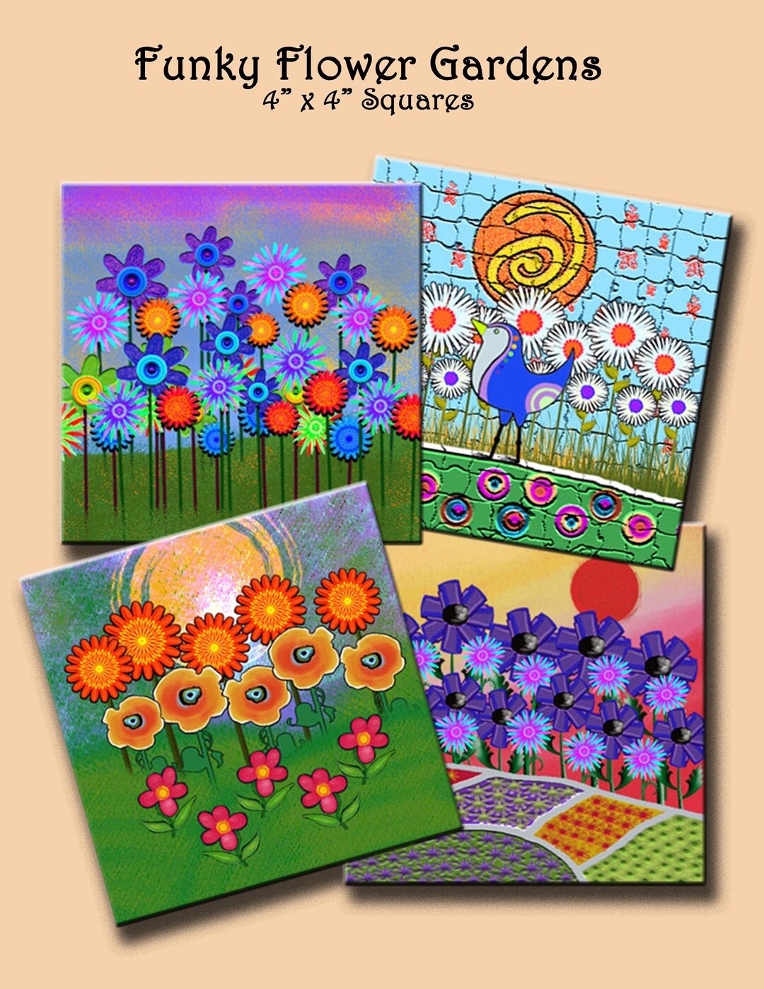 FUNKY FLOWER GARDENS - Printable Digital Collage Sheet (12) 4 Inch ...