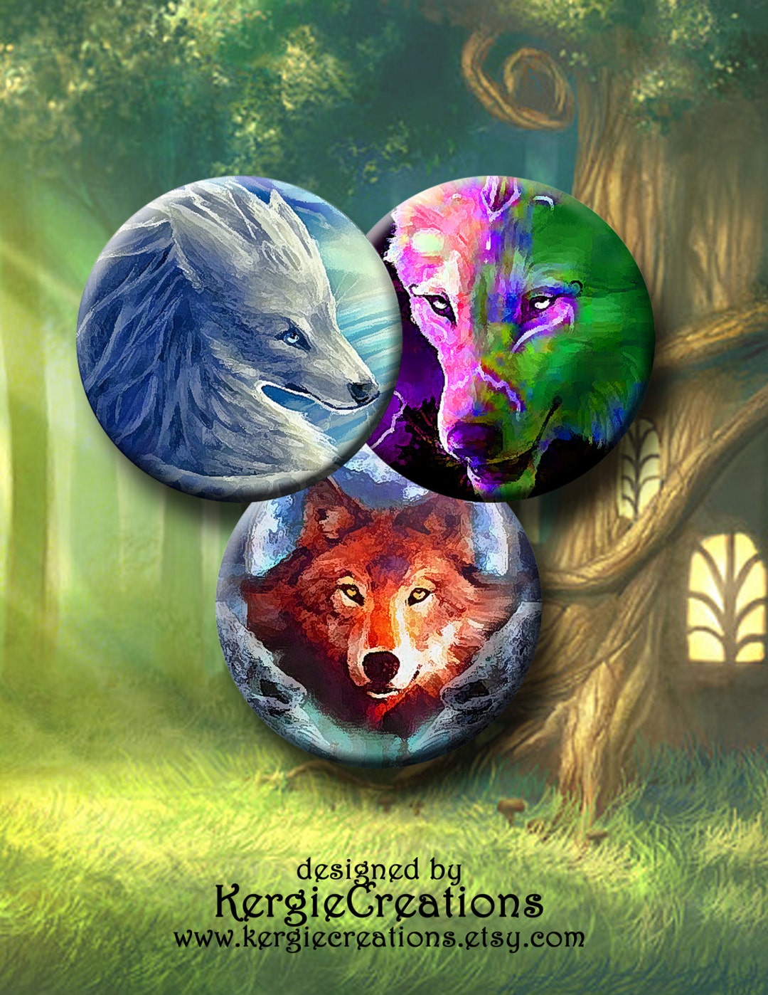 MYSTICAL WOLF Digital Collage Sheet 1 & 1.5 Inch Circle Images for ...
