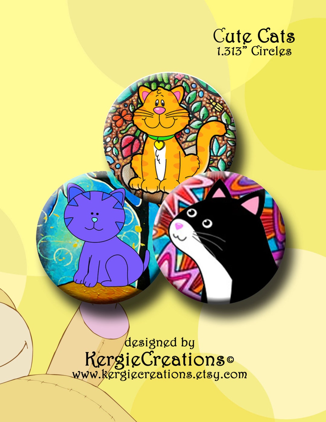 CUTE CATS Digital Collage Sheet 1.313 Inch Round Images for 1" Buttons ...