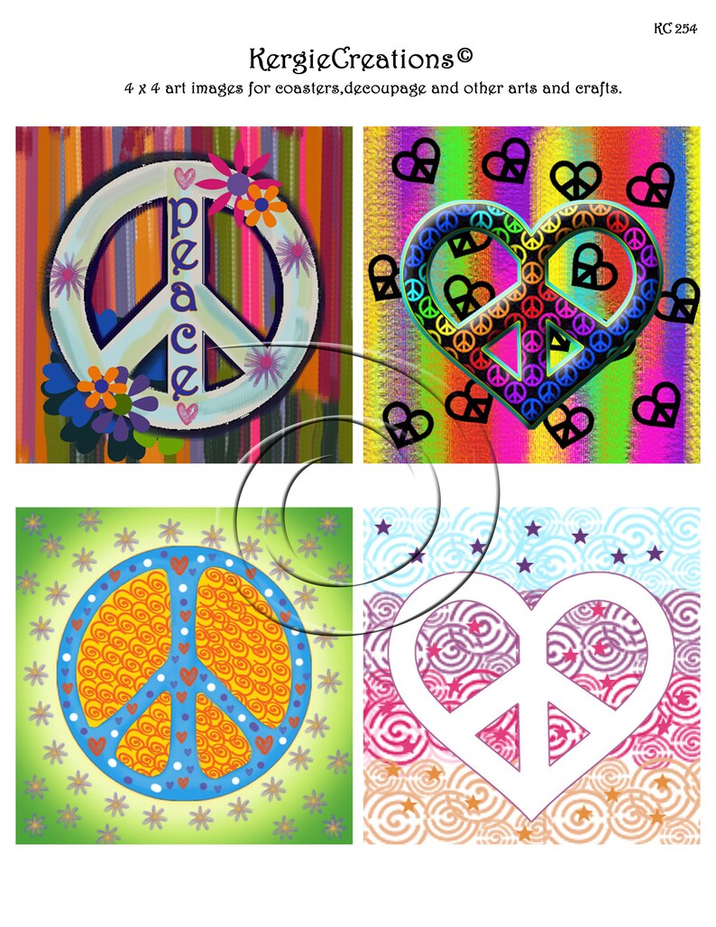 FUNKY PEACE SIGNS - Printable Digital Collage Sheet (12) 4 Inch Squares ...