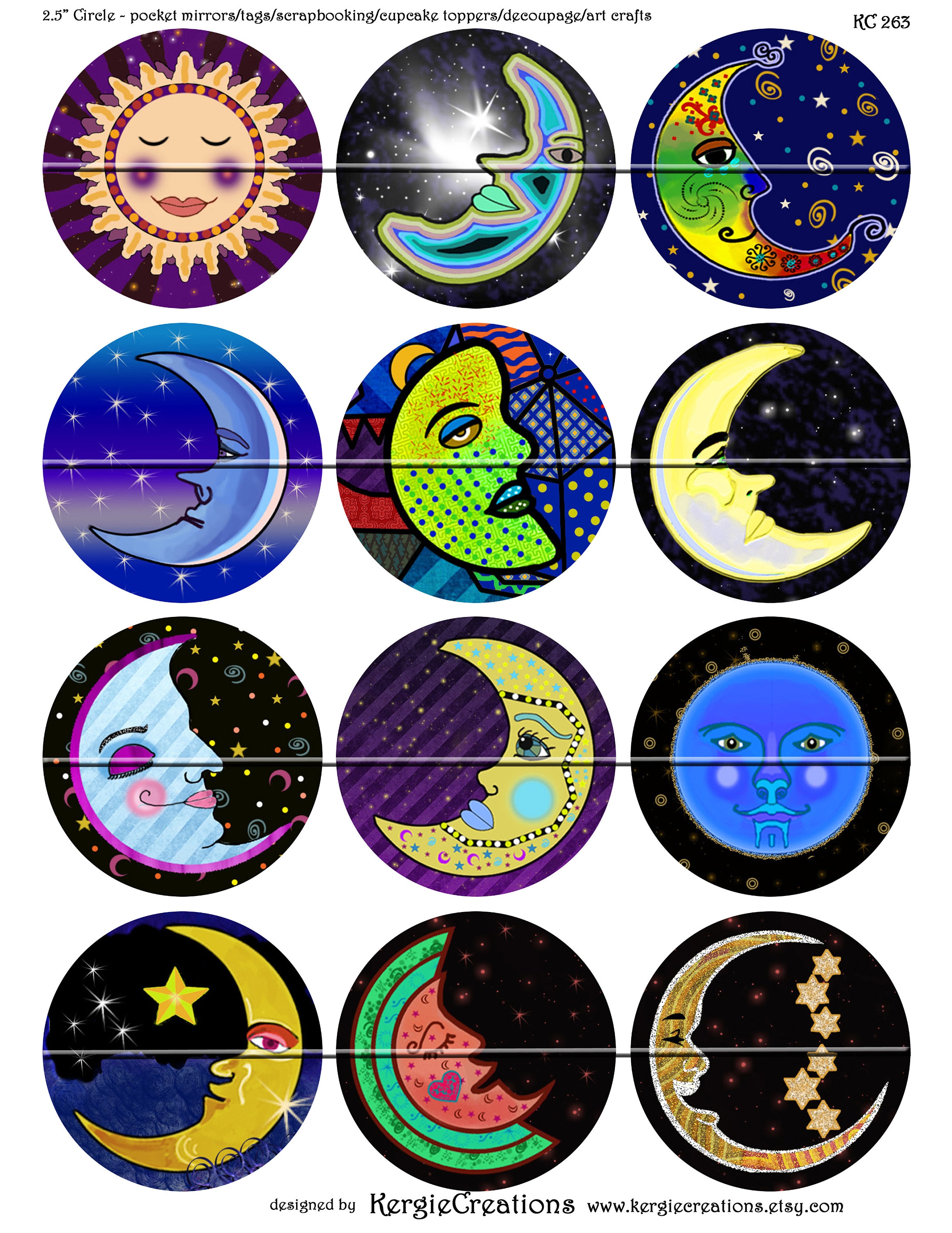 FUNKY MOONS - Digital Collage Sheet 2.5 Inch Circles for Pocket Mirrors ...
