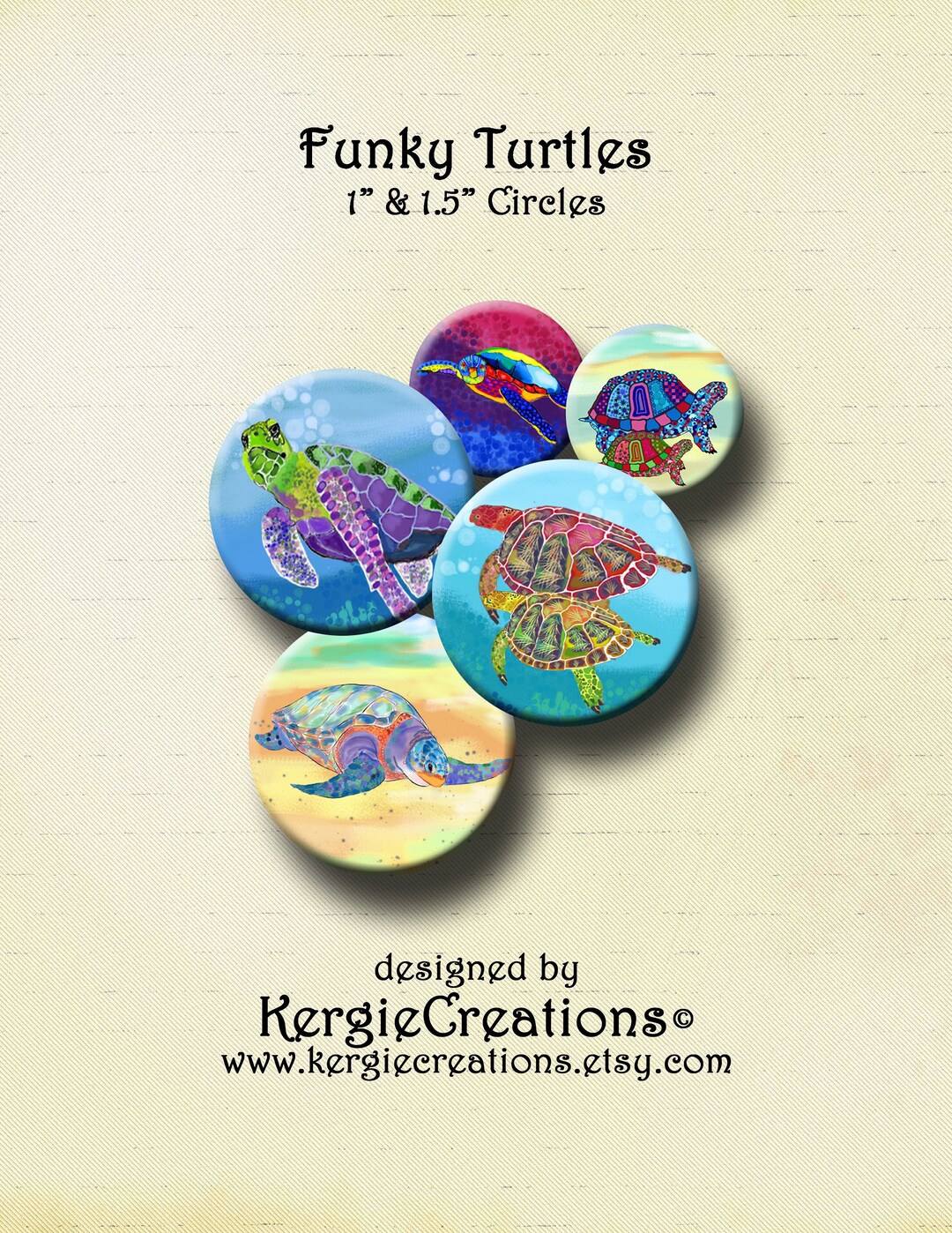FUNKY TURTLES Digital Collage Sheet 1 and 1.5 Round Images for Bottle ...