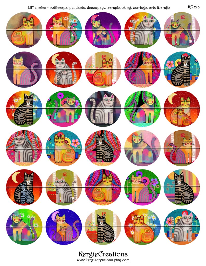 FUNKY CATS - Digital Collage Sheet 1.5", 1.25", 1", 30mm & 25mm Round ...