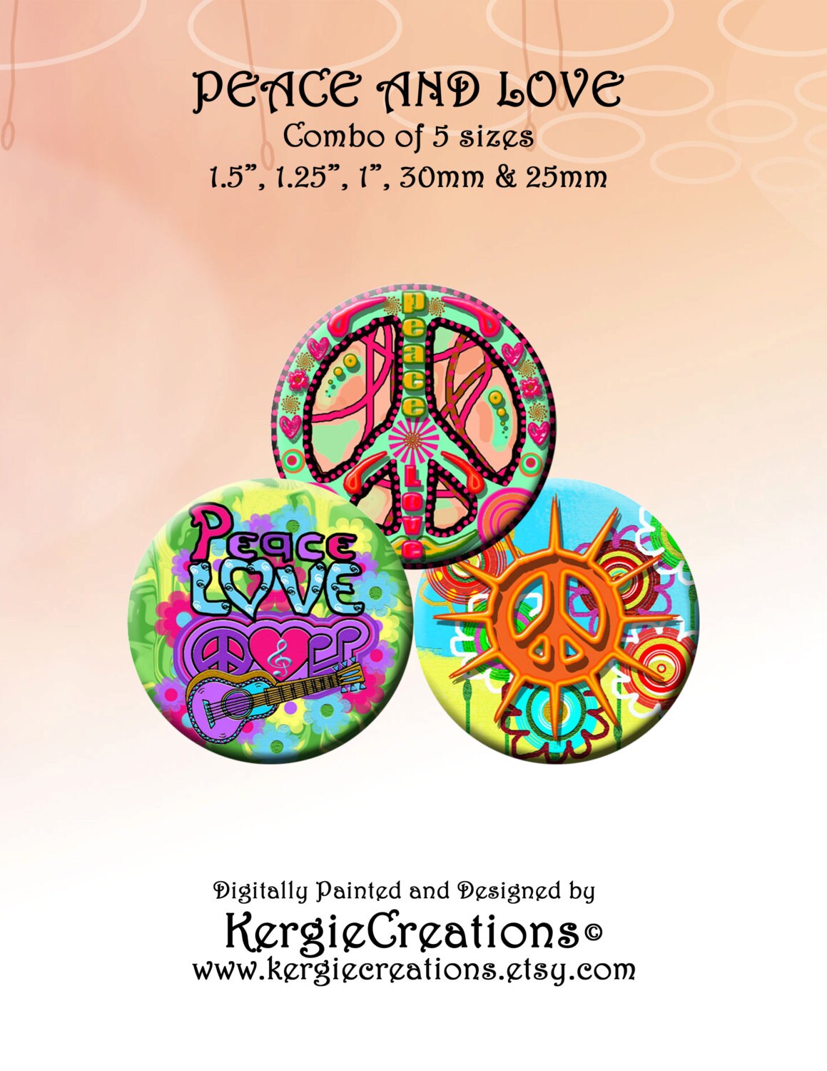 PEACE AND LOVE Digital Collage Sheet 5 Sizes Round Images | Etsy
